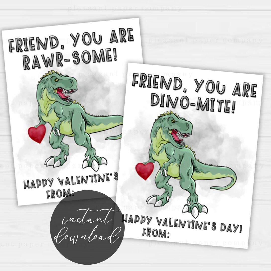 Kids Dinosaur Valentines Day Cards, Printable Valentines Day Tags, Kid ...