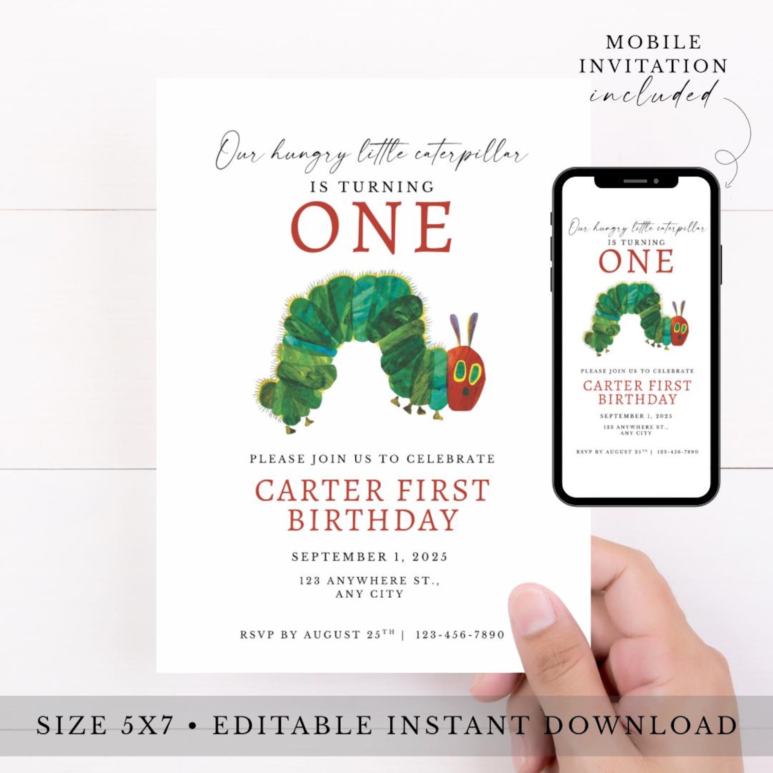 Very Hungry Caterpillar Birthday Invitation, First Birthday Invitation ...