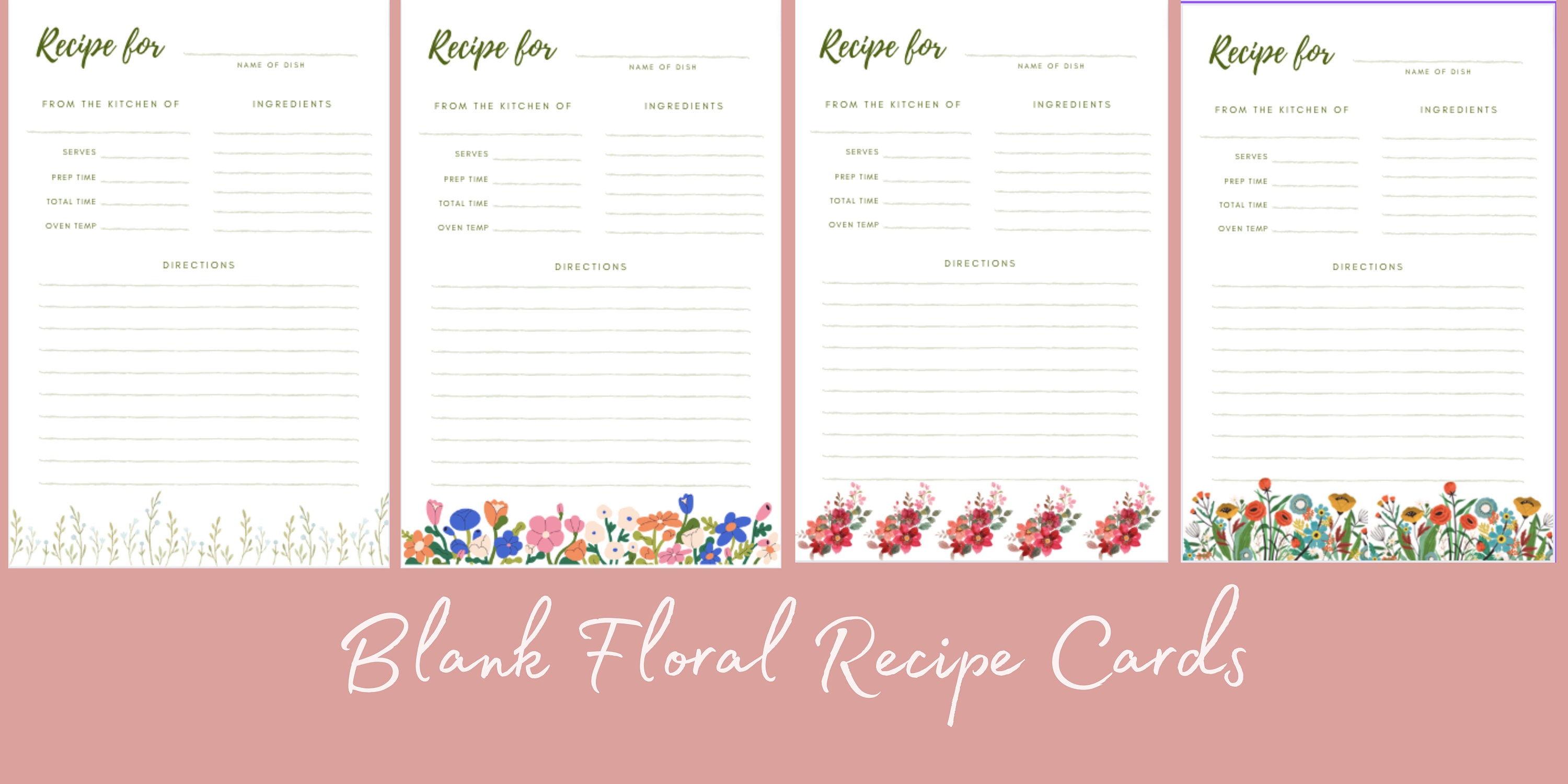 Blank Floral Recipe Cards, 8 Recipe Cards,printable Recipe Cards ...