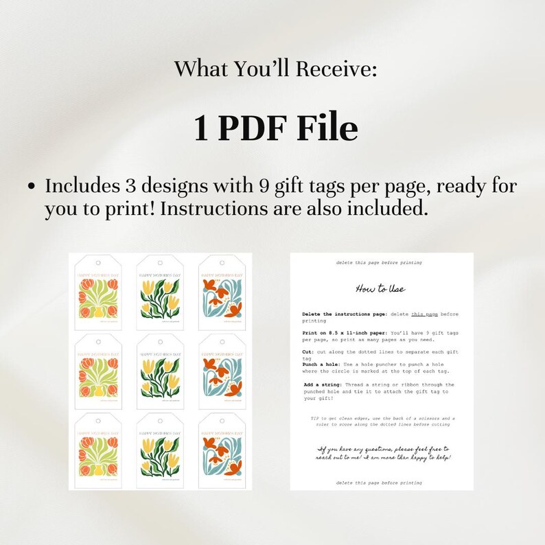 Mother's Day Printable Gift Tags | Minimalist, Floral, 9 Tags per Page ...