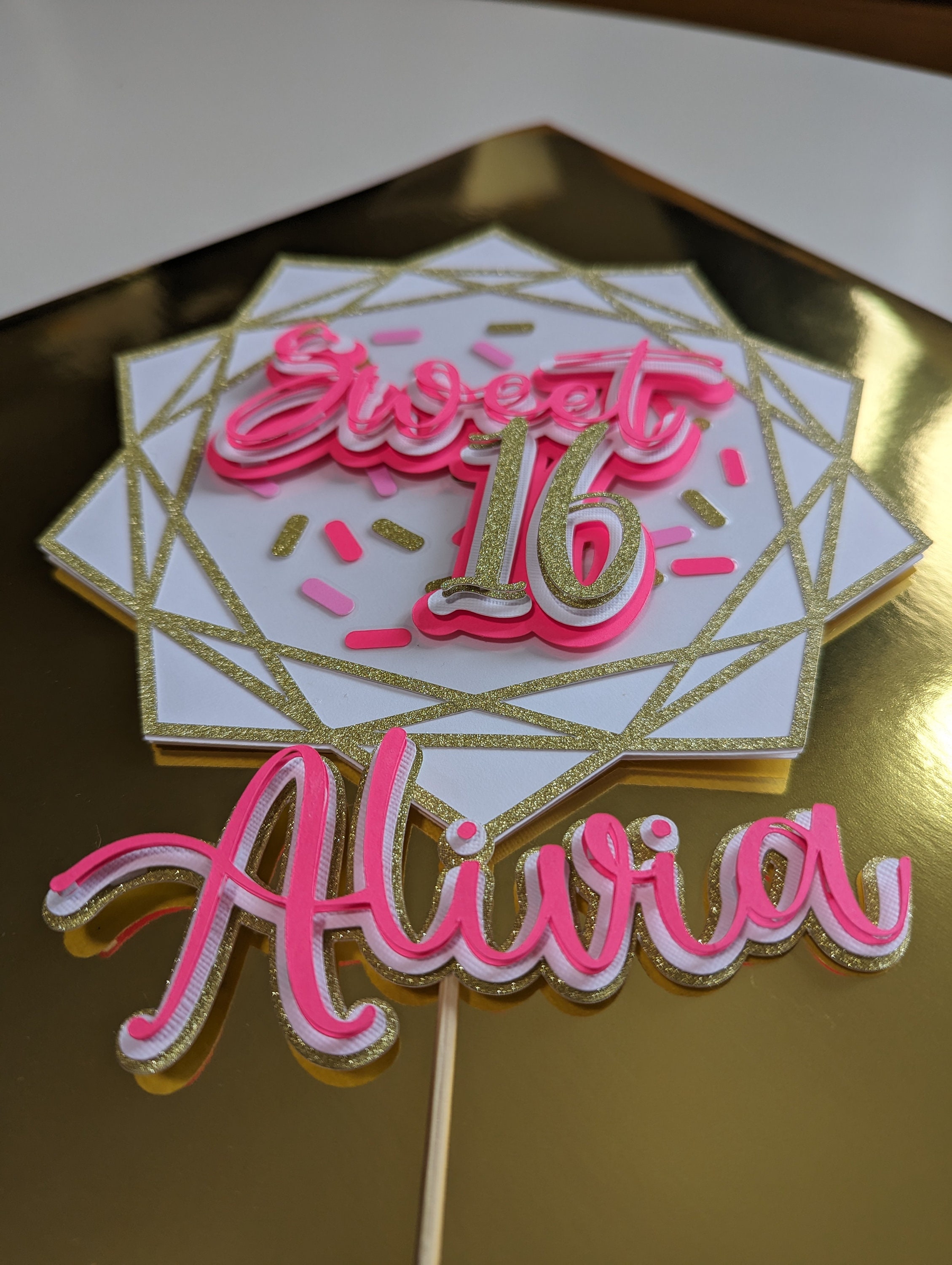 Sweet 16 Cake Topper Birthday Cake Topper Pink and Gold Cake Topper 3D ...