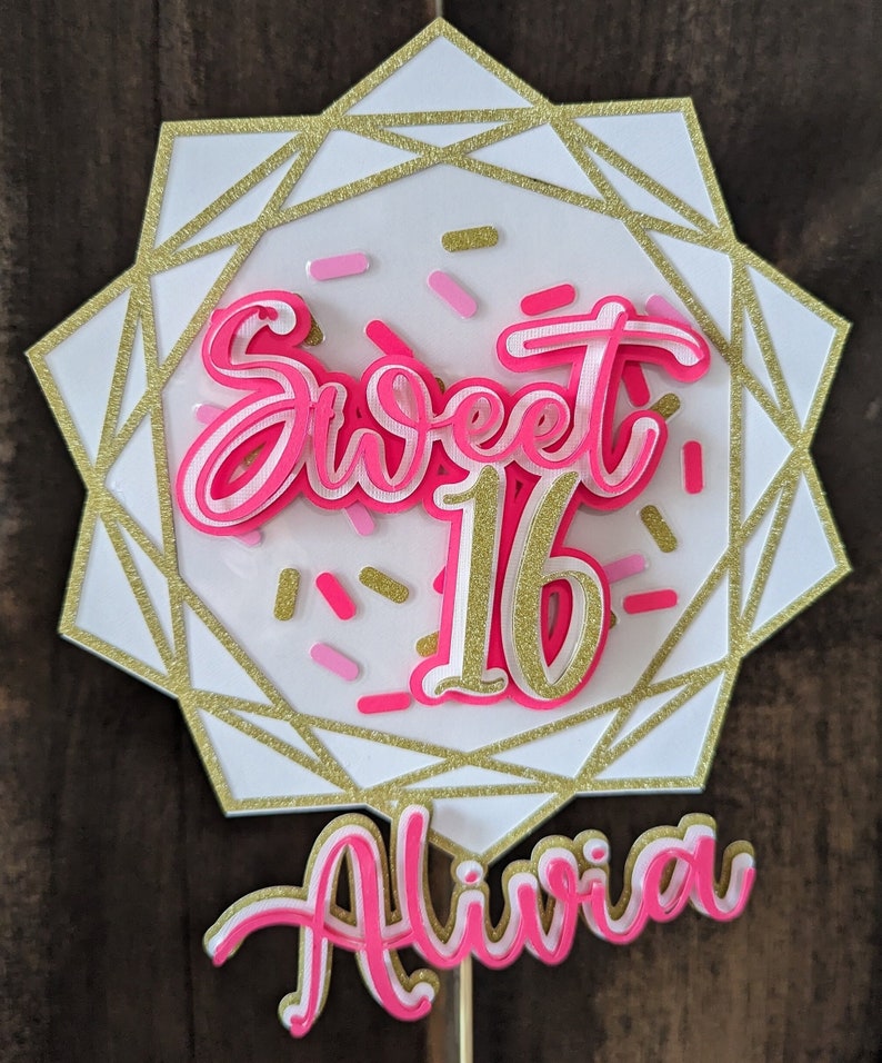 Sweet 16 Cake Topper Birthday Cake Topper Pink and Gold Cake Topper 3D ...