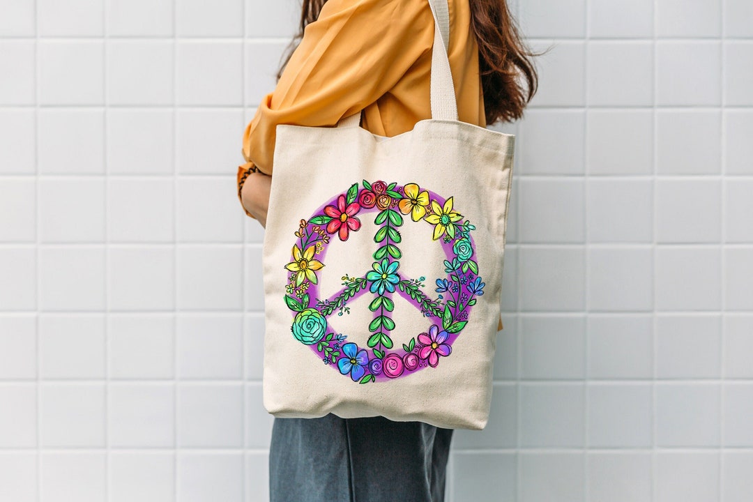 Peace Tote Bag, Peace Sign Tote Bag, Floral Peace Cotton Bag, Boho Tote ...