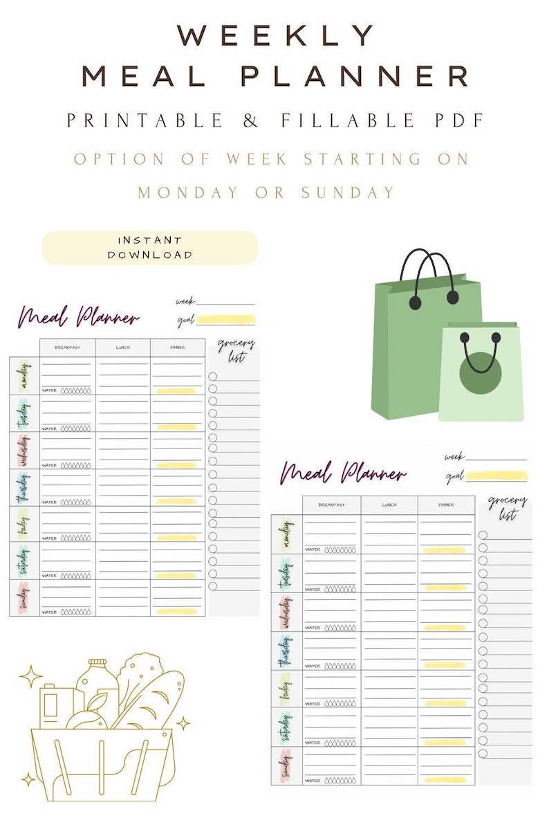Printable and Fillable Weekly Meal Planner, Food Journal, Water Intake ...