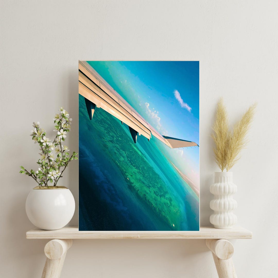Travel-inspired Canvas Wall Art Airplane Wing Over the Bahamas Tropical ...