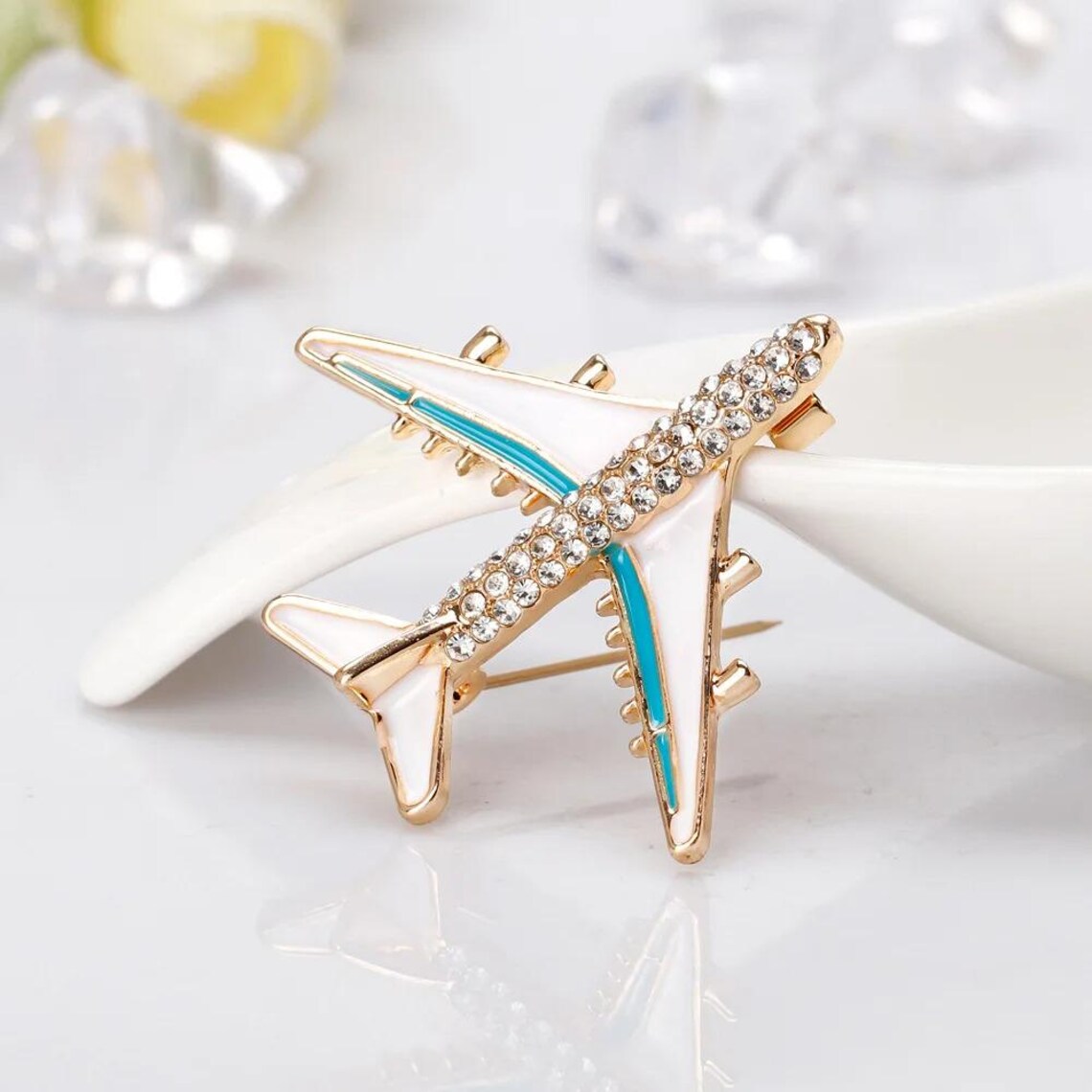 Vintage Sparkling Rhinestone Airplane Brooch Pin - Metal Aircraft Lapel ...