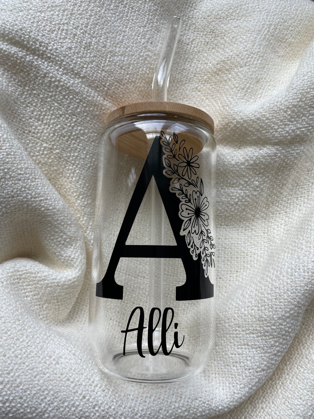 Floral Letter Glass Cup and Straw With Bamboo Lid - Etsy