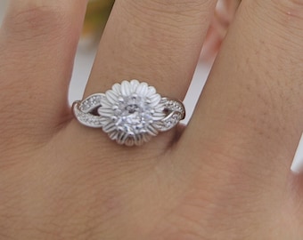 Sunflower Round 0.84CT Lab Alexandrite Bridal Band Women Ring Wedding Engagement Sunflower Shape ...