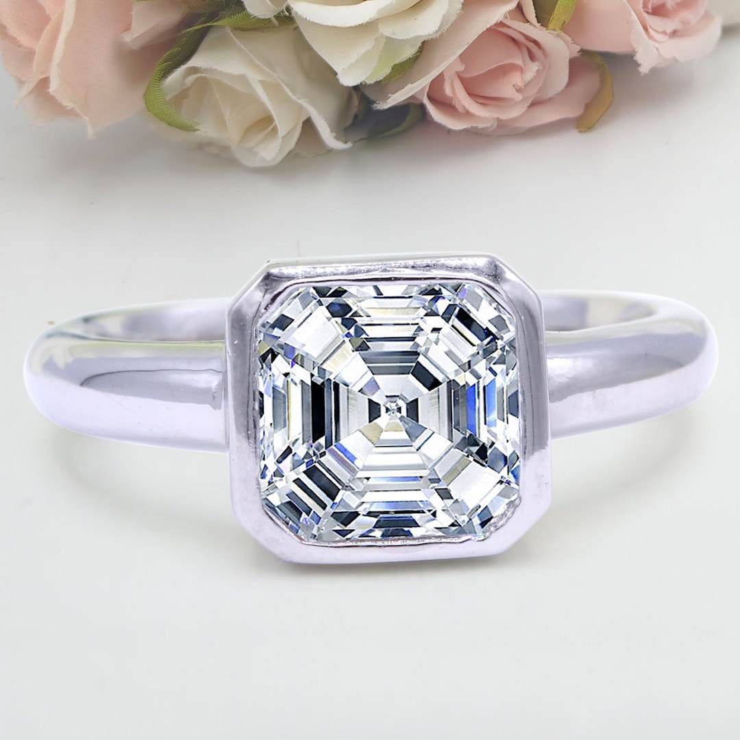 Asscher Cut Sterling Silver CZ Engagement Ring, Bezel Set Solitaire - Etsy