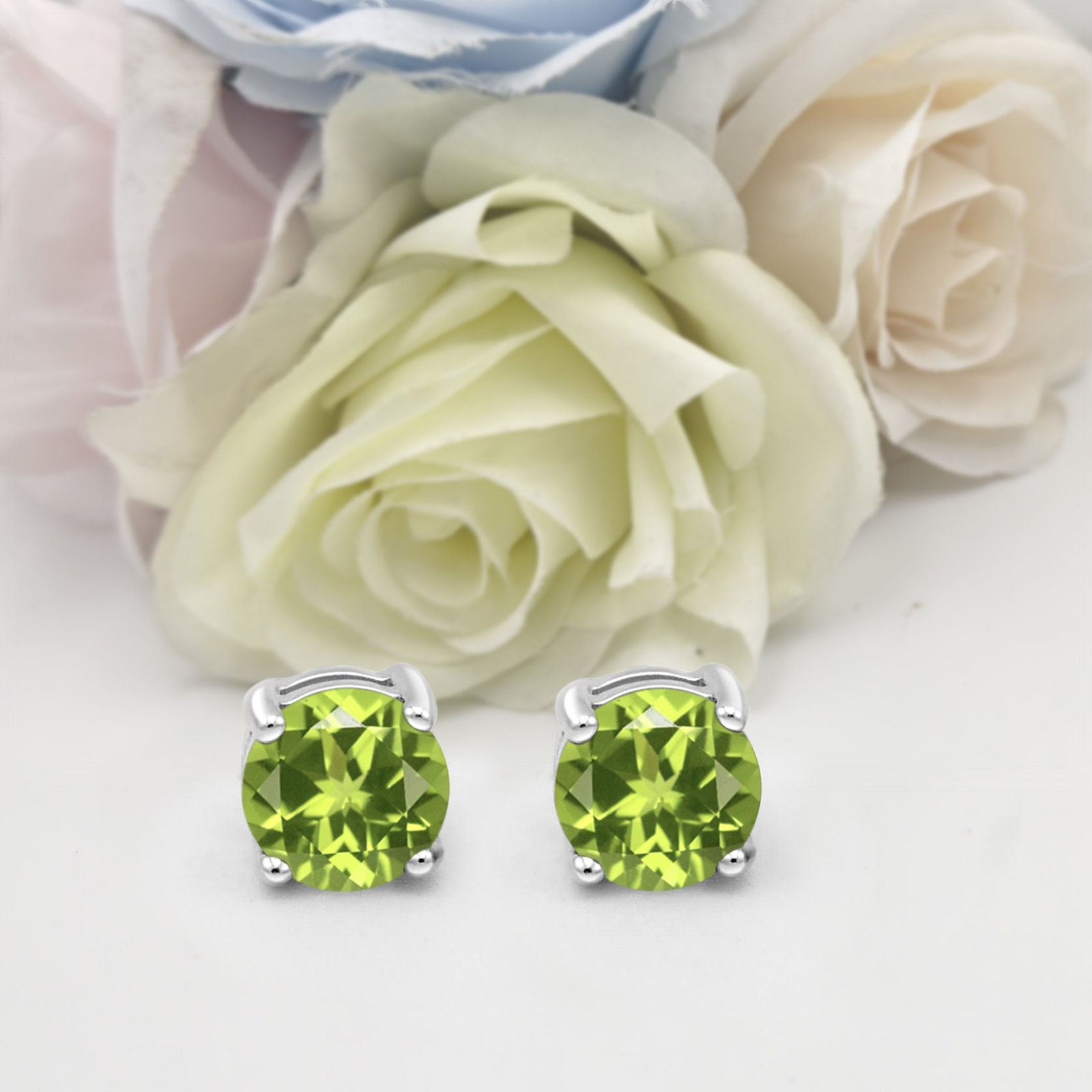 925 Sterling Silver Round Peridot CZ August Birth Stud Earring - Etsy