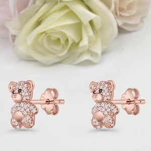 11mm 14k Yellow Gold Teddy Bear Cubic Zirconia Push Back Stud Earrings 925 Sterling Silver Women ...