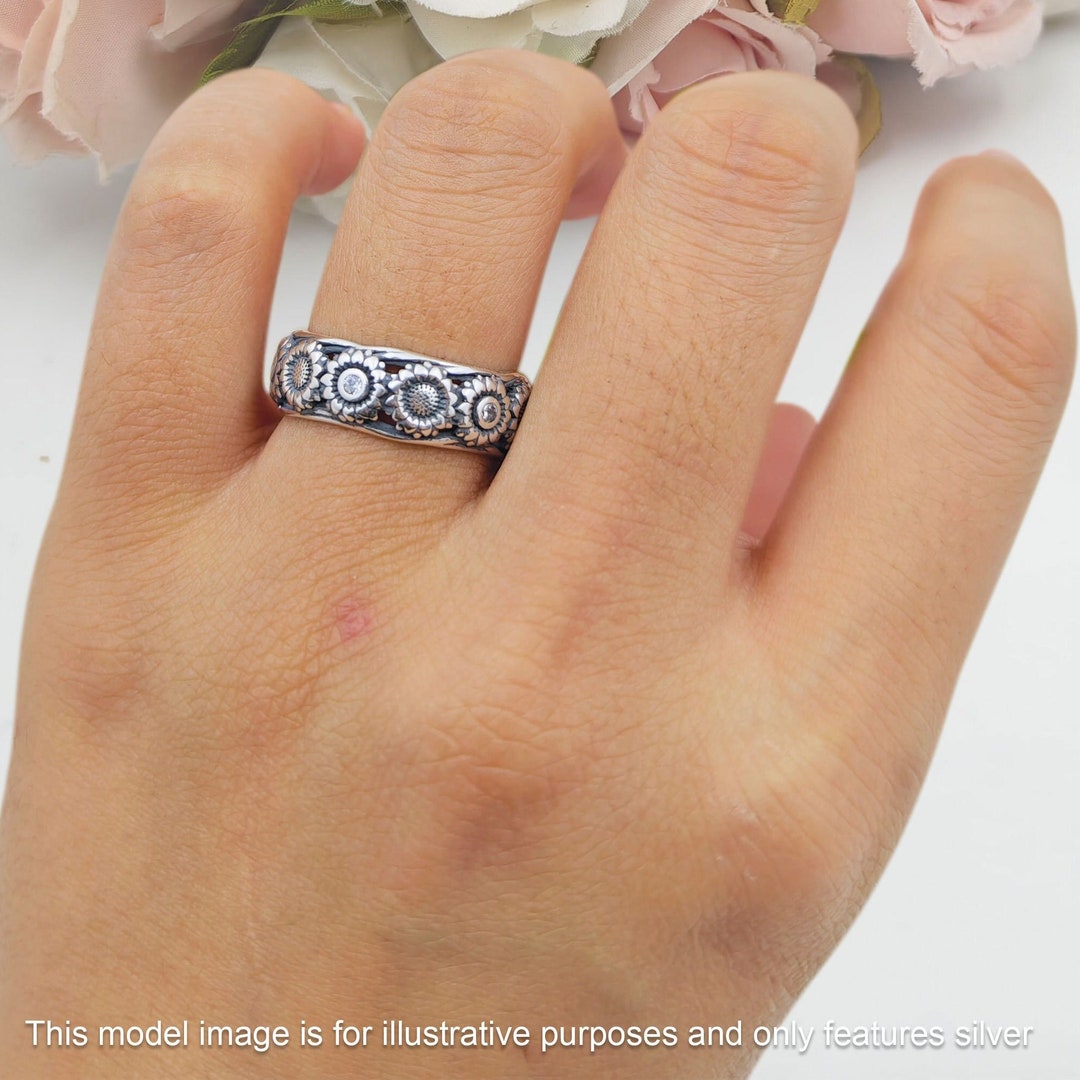 7.5mm Band Sunflowers Wedding Engagement Promise Ring Oxidized Band ...