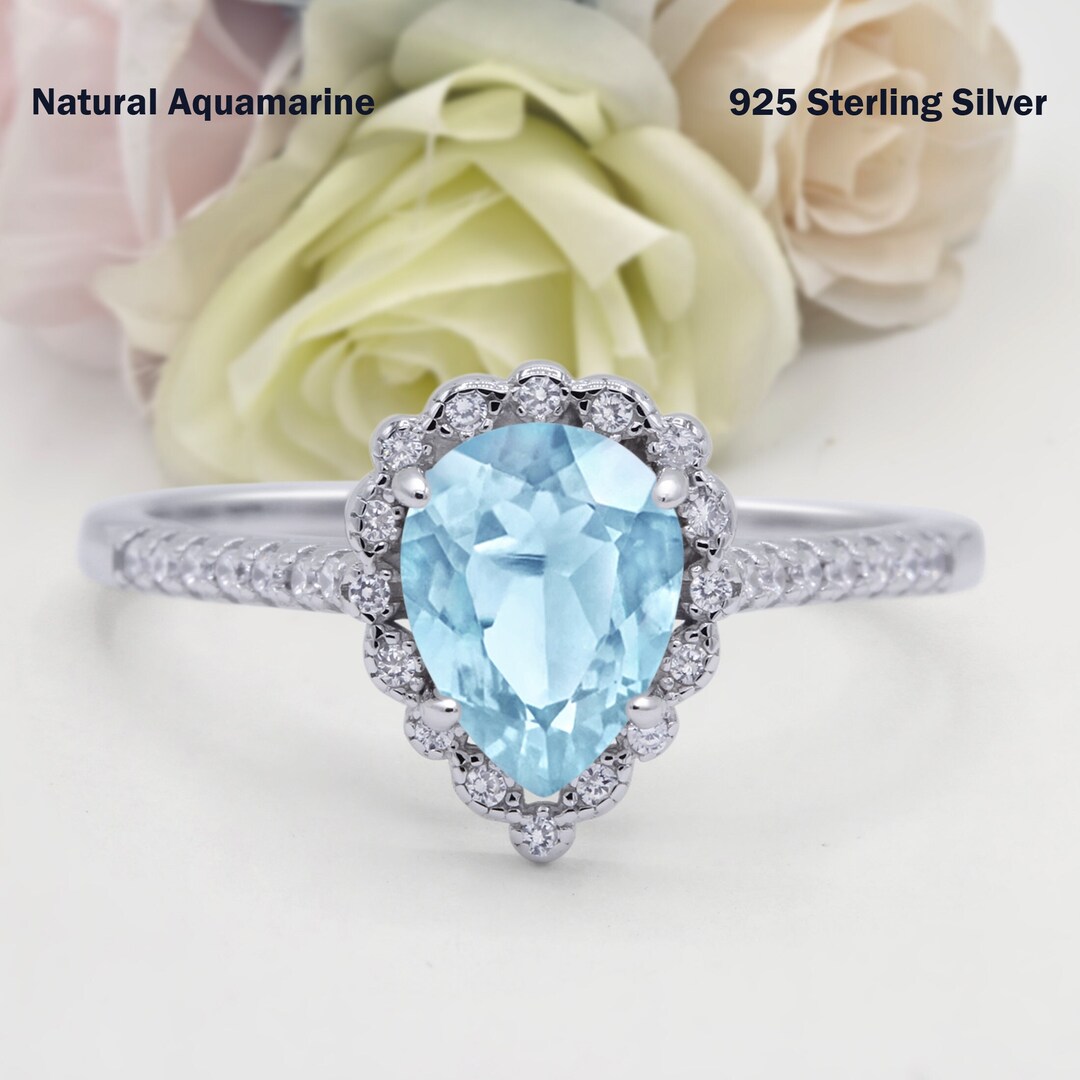 1.25 Carat Teardrop Pear Vintage Style Halo Natural Aquamarine Wedding ...