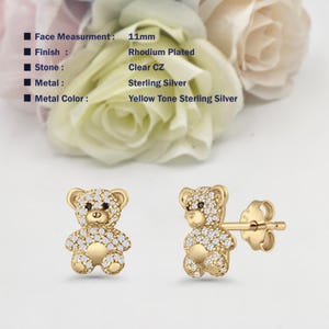 11mm 14k Yellow Gold Teddy Bear Cubic Zirconia Push Back Stud Earrings 925 Sterling Silver Women ...