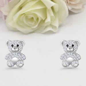 11mm 14k Yellow Gold Teddy Bear Cubic Zirconia Push Back Stud Earrings 925 Sterling Silver Women ...