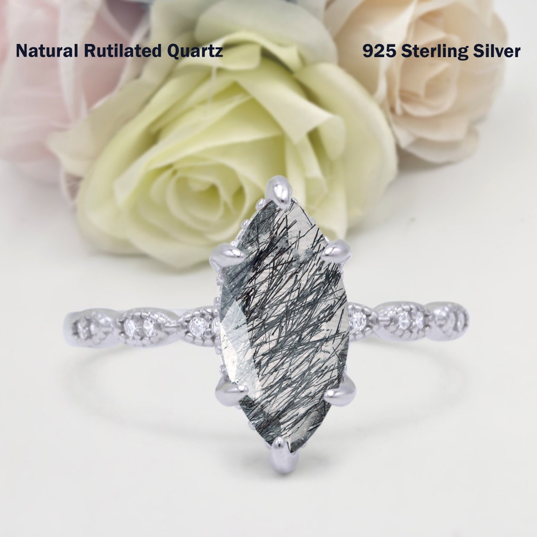 1.62 Carat Solitaire Marquise Vintage Natural Rutilated Quartz Wedding Engagement Bridal Round ...