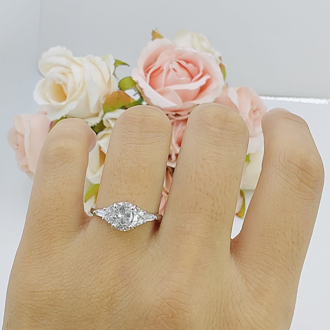 Three Stone Solitaire Round & Baguette 1.28CT Bridal Band Women Ring ...