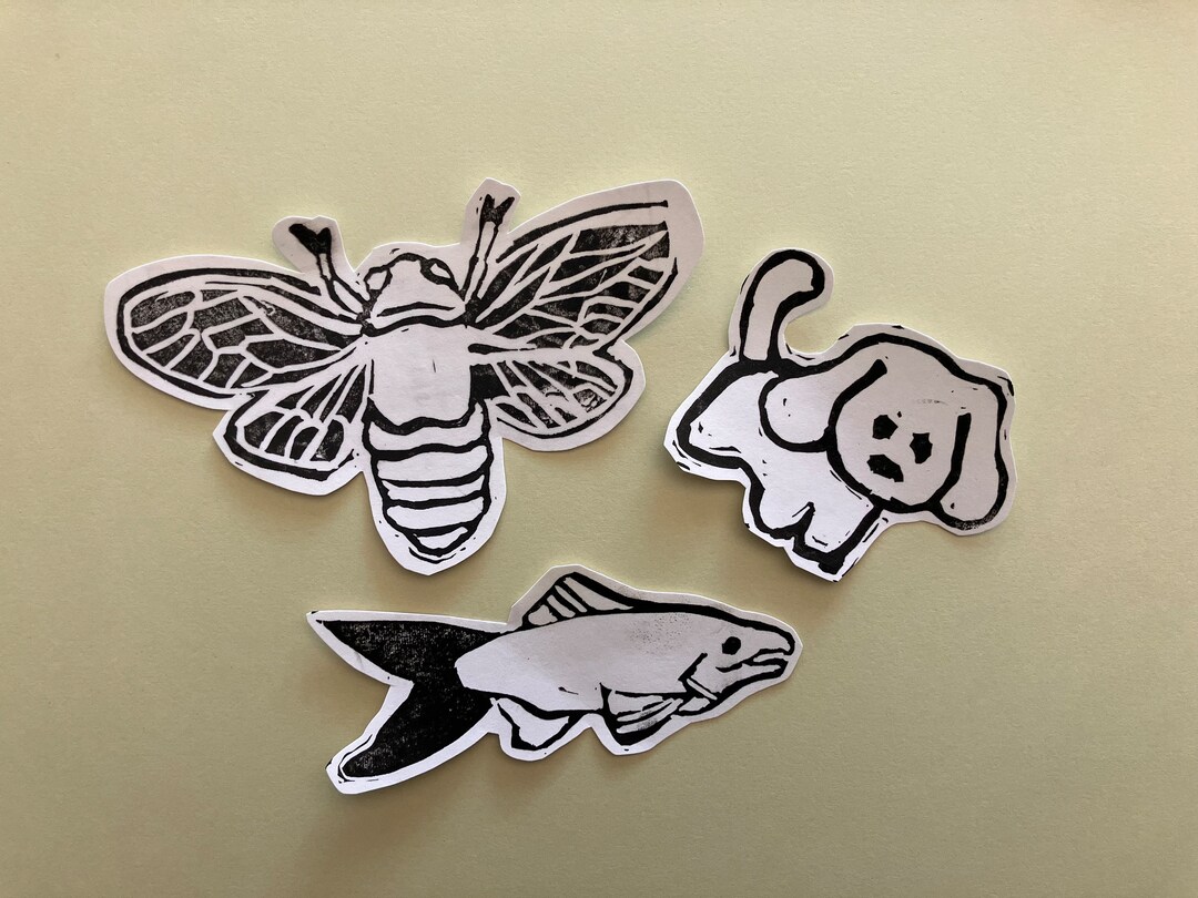 Handmade Linocut Stickers cicada Salmon Dog - Etsy