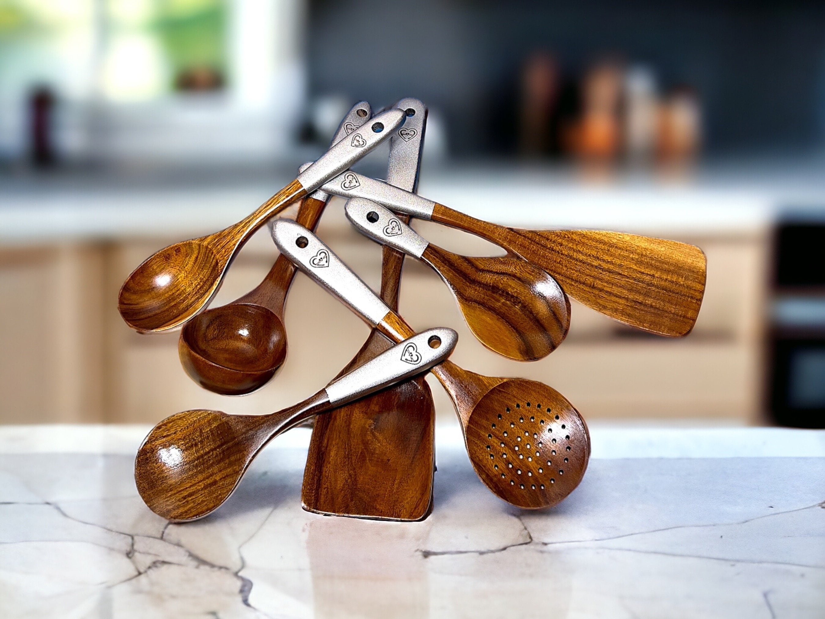 7-piece Natural Teak Wood Utensil Set. Durable, Sturdy, Smooth, Quality ...