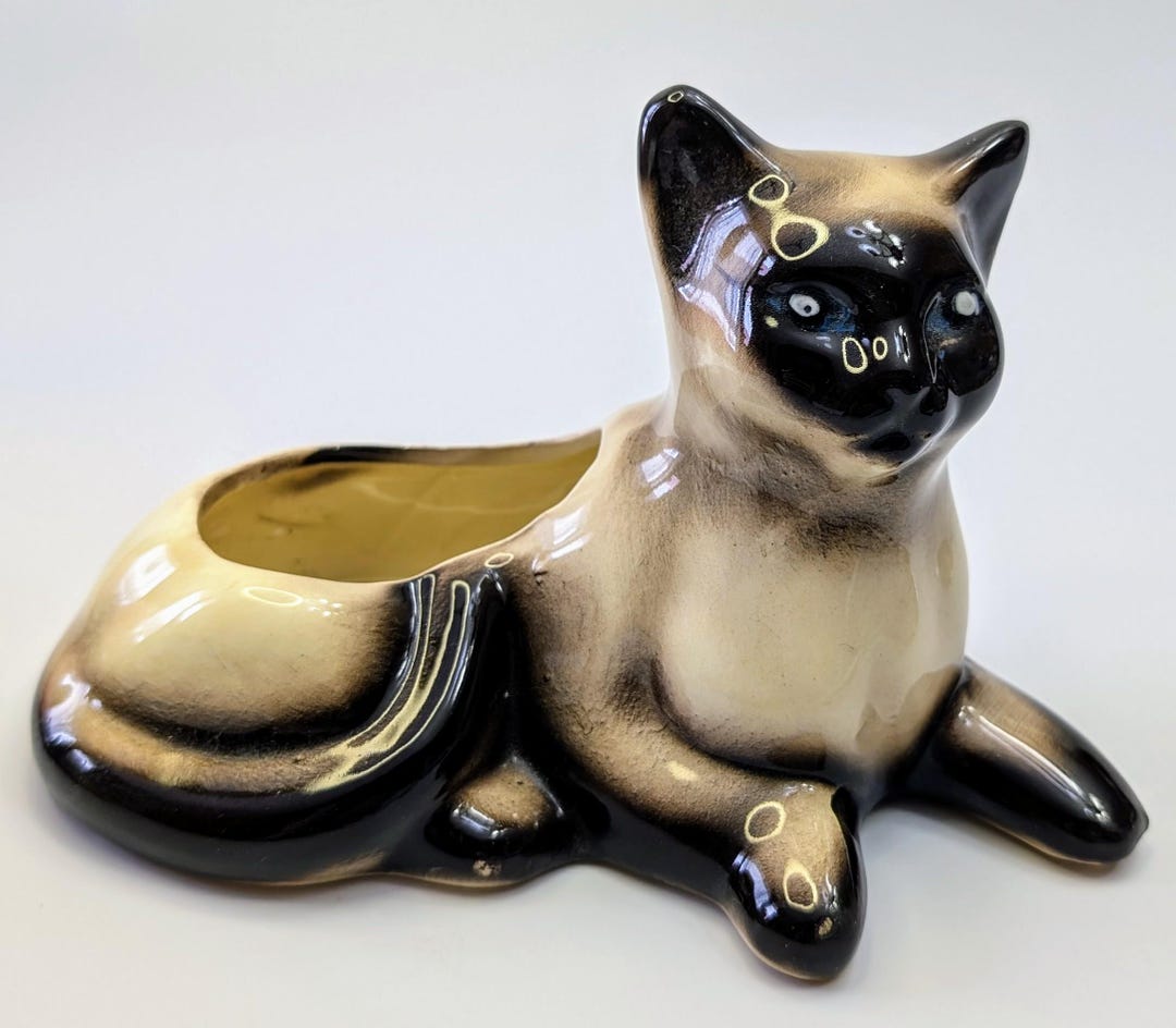 Vintage - Ceramic Siamese Cat - Planter / Trinket - Measures 6.5''long ...