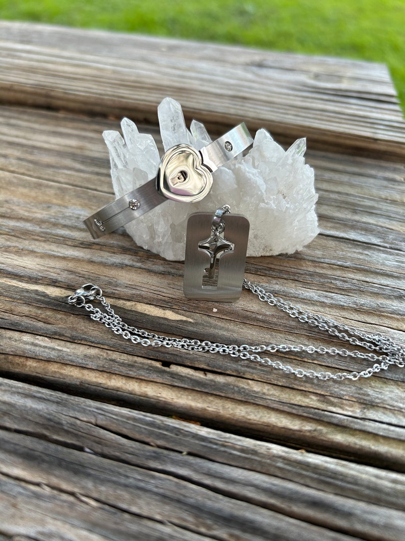 Couple's Lock and Key Combo Set, BDSM Day Collar/ Heart Lock Cuff Bracelet and Key Necklace ...