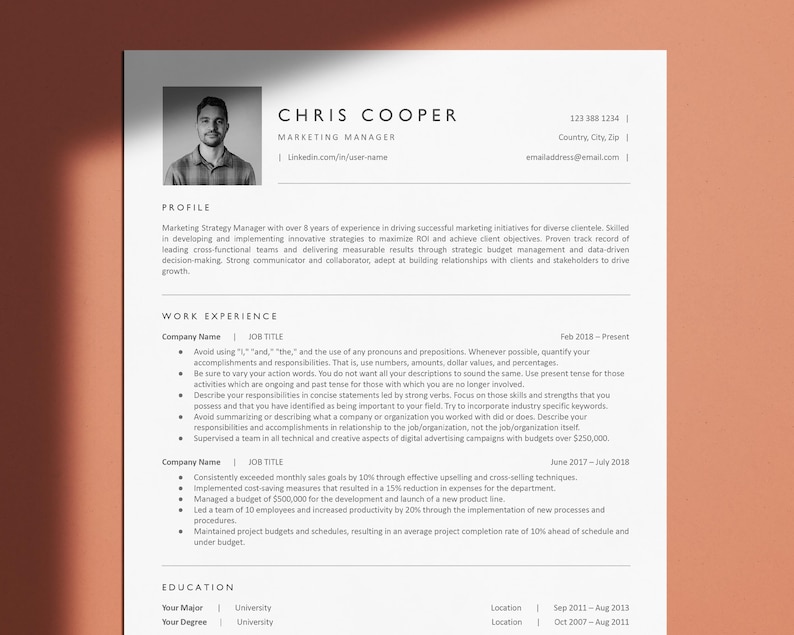 Single Column Resume Template for Microsoft Word and Google Docs, Cover ...