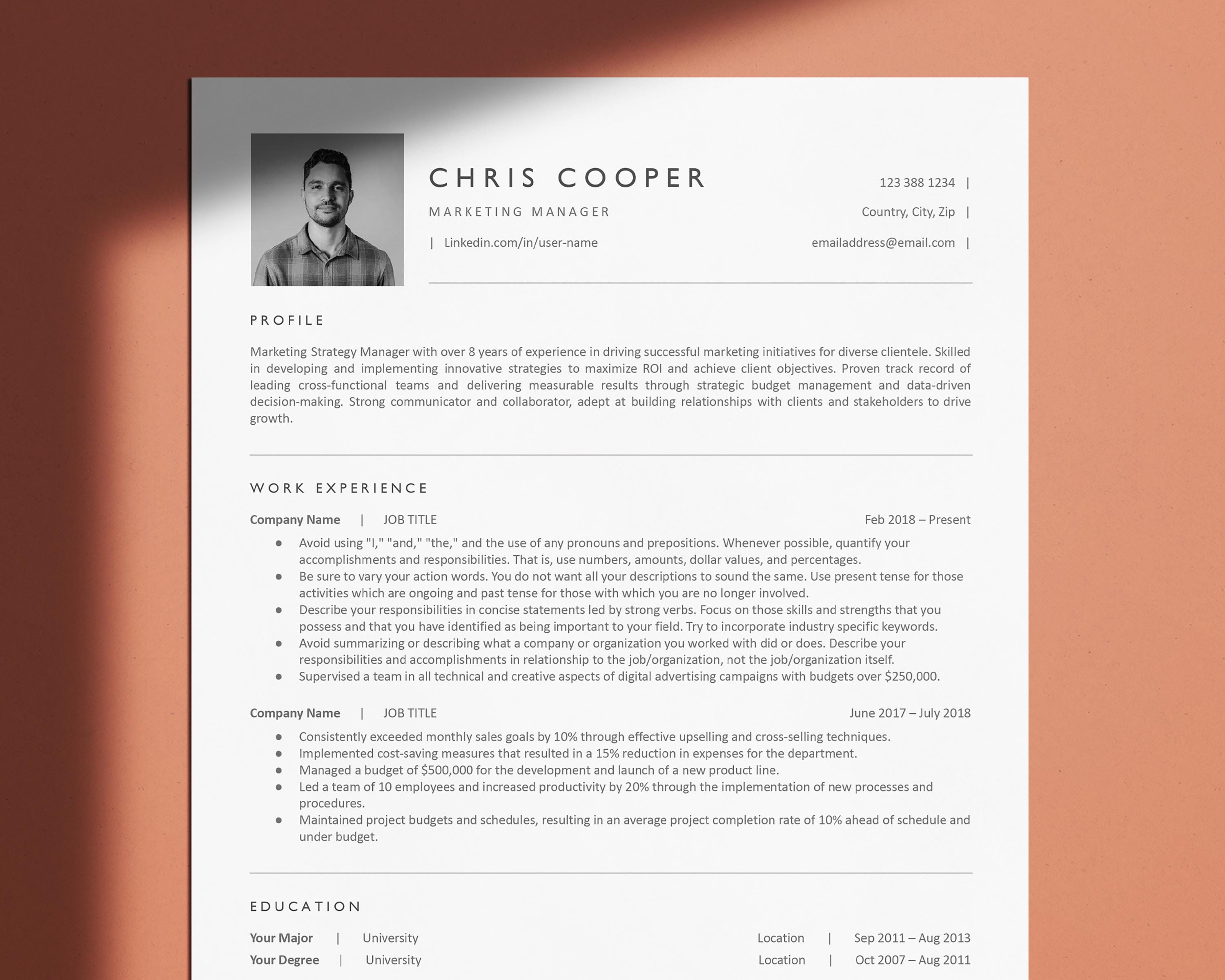 Single Column Resume Template for Microsoft Word and Google Docs, Cover ...