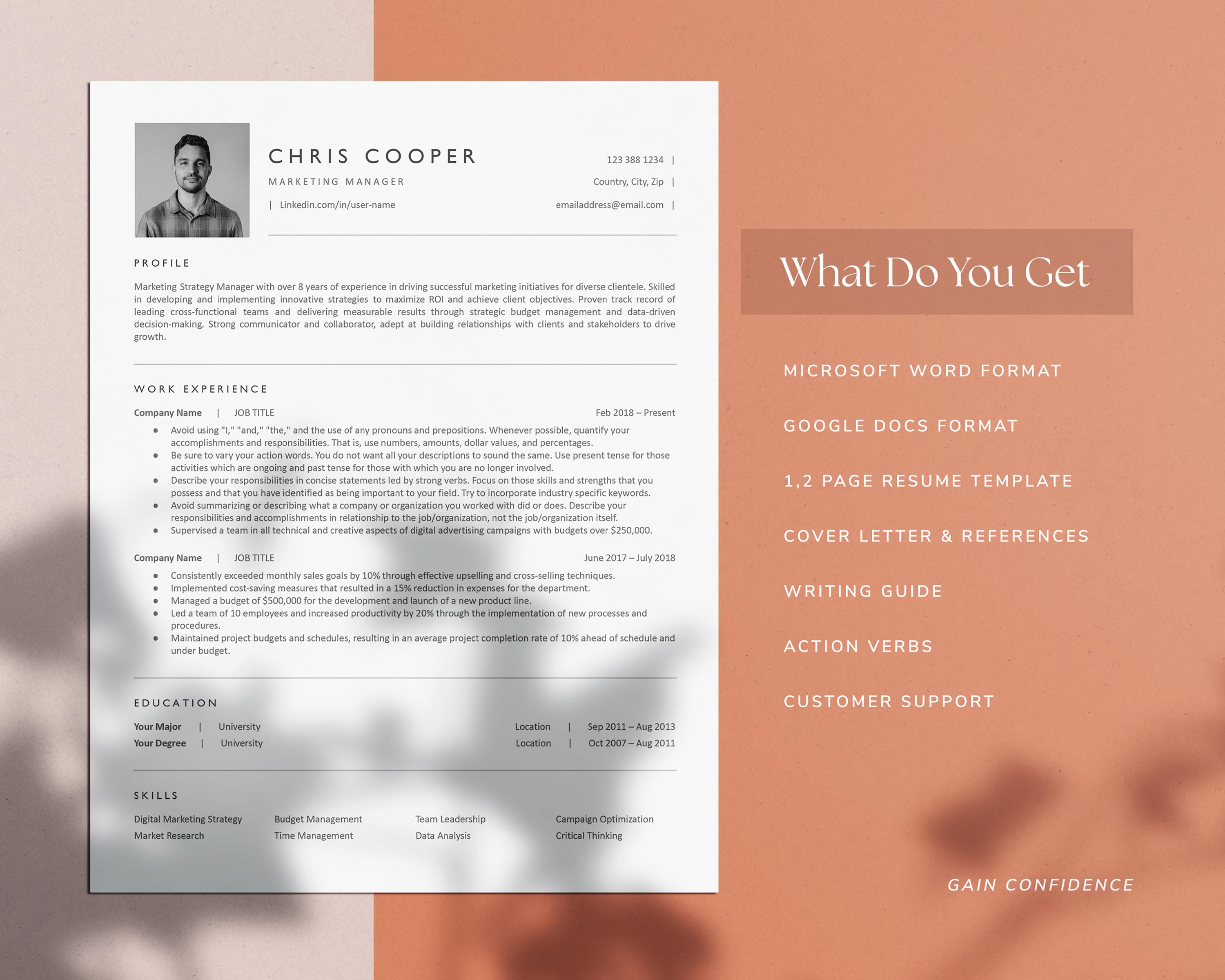 Single Column Resume Template for Microsoft Word and Google Docs, Cover ...