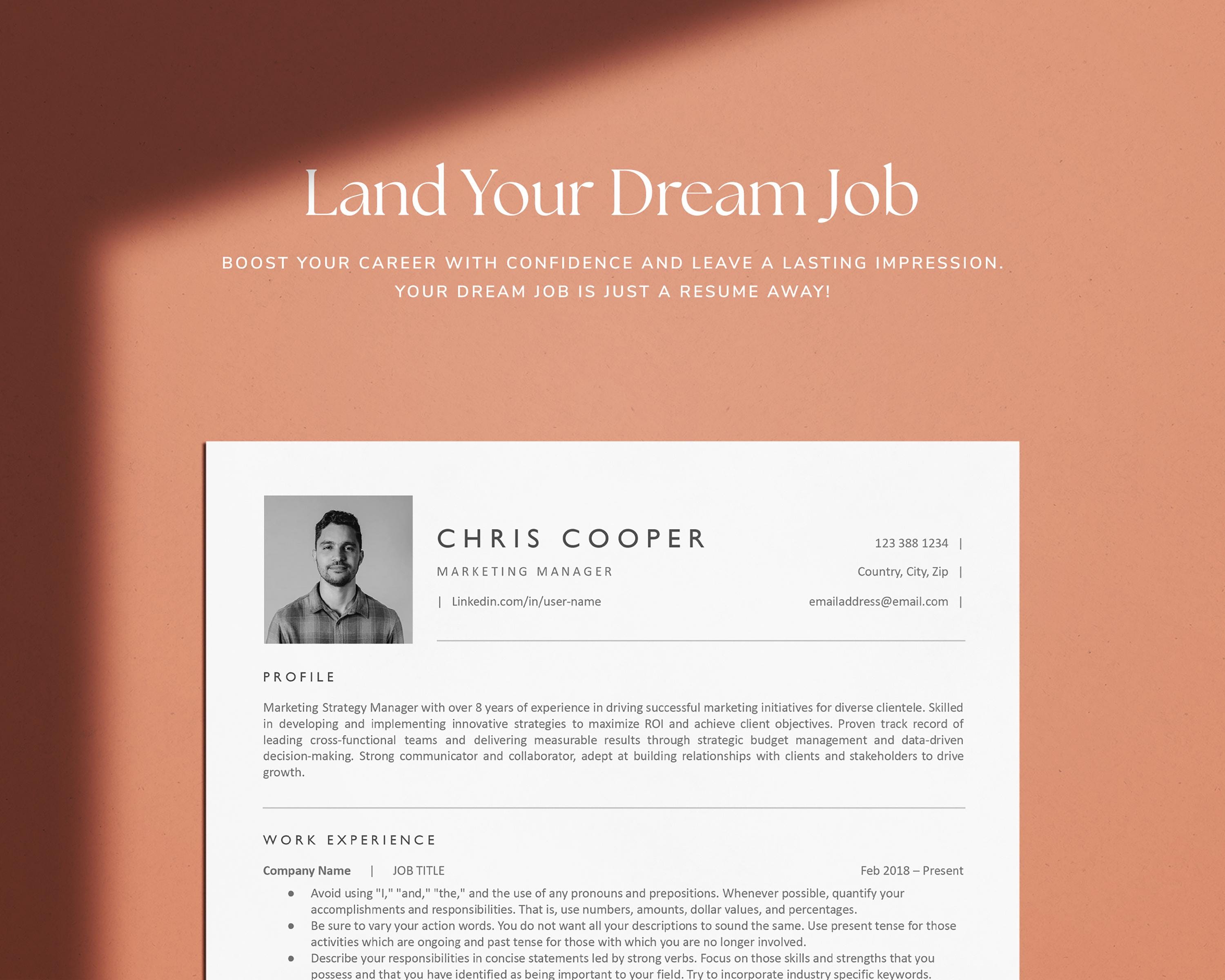 Single Column Resume Template for Microsoft Word and Google Docs, Cover ...