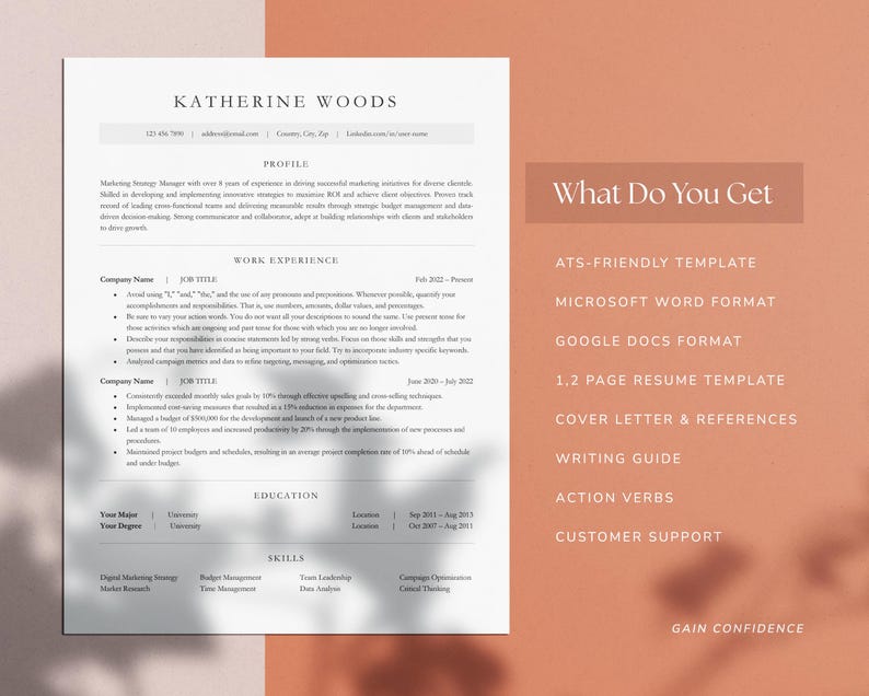 ATS Friendly Resume Template for Microsoft Word and Google Docs, Cover ...