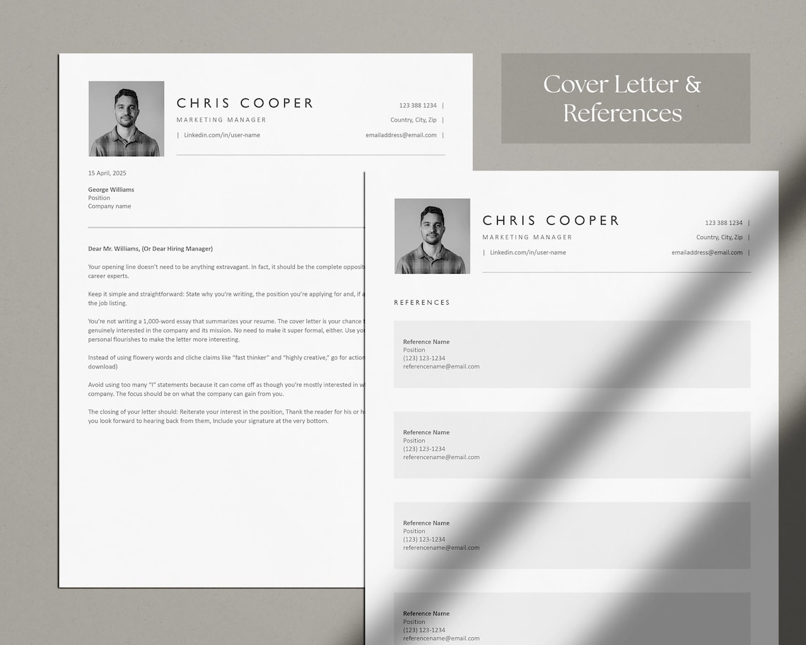 Single Column Resume Template for Microsoft Word and Google Docs, Cover ...