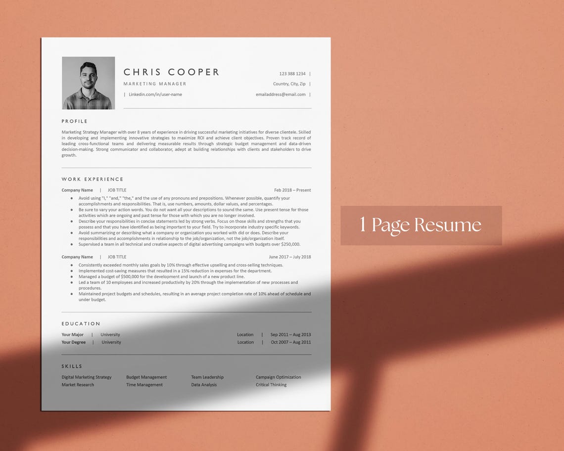 Single Column Resume Template for Microsoft Word and Google Docs, Cover ...