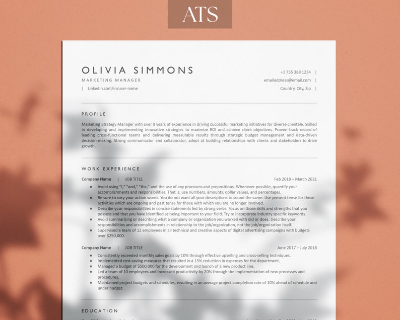 ATS Friendly Resume Template for Microsoft Word and Google Docs, Cover ...