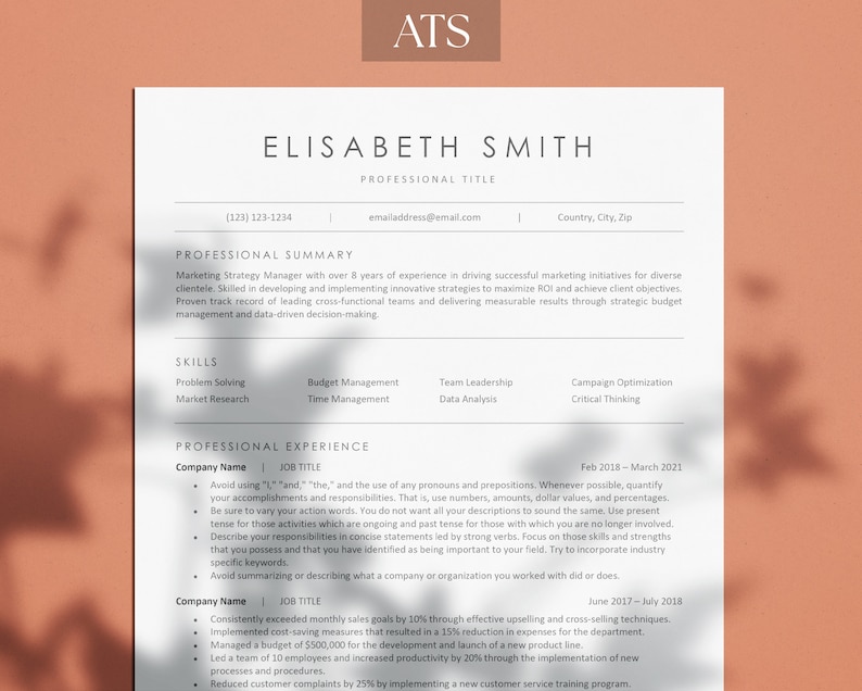 ATS Friendly Resume Template for Microsoft Word and Google Docs, Cover ...