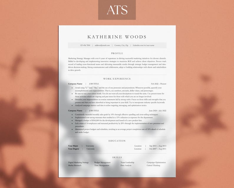 ATS Friendly Resume Template for Microsoft Word and Google Docs, Cover ...