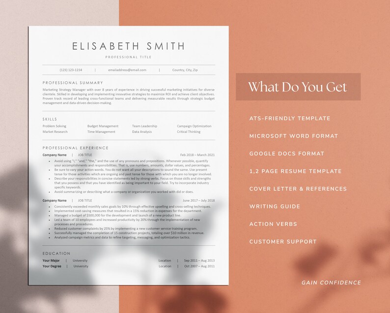 ATS Friendly Resume Template for Microsoft Word and Google Docs, Cover ...