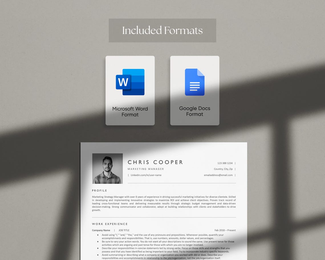 Single Column Resume Template for Microsoft Word and Google Docs, Cover ...