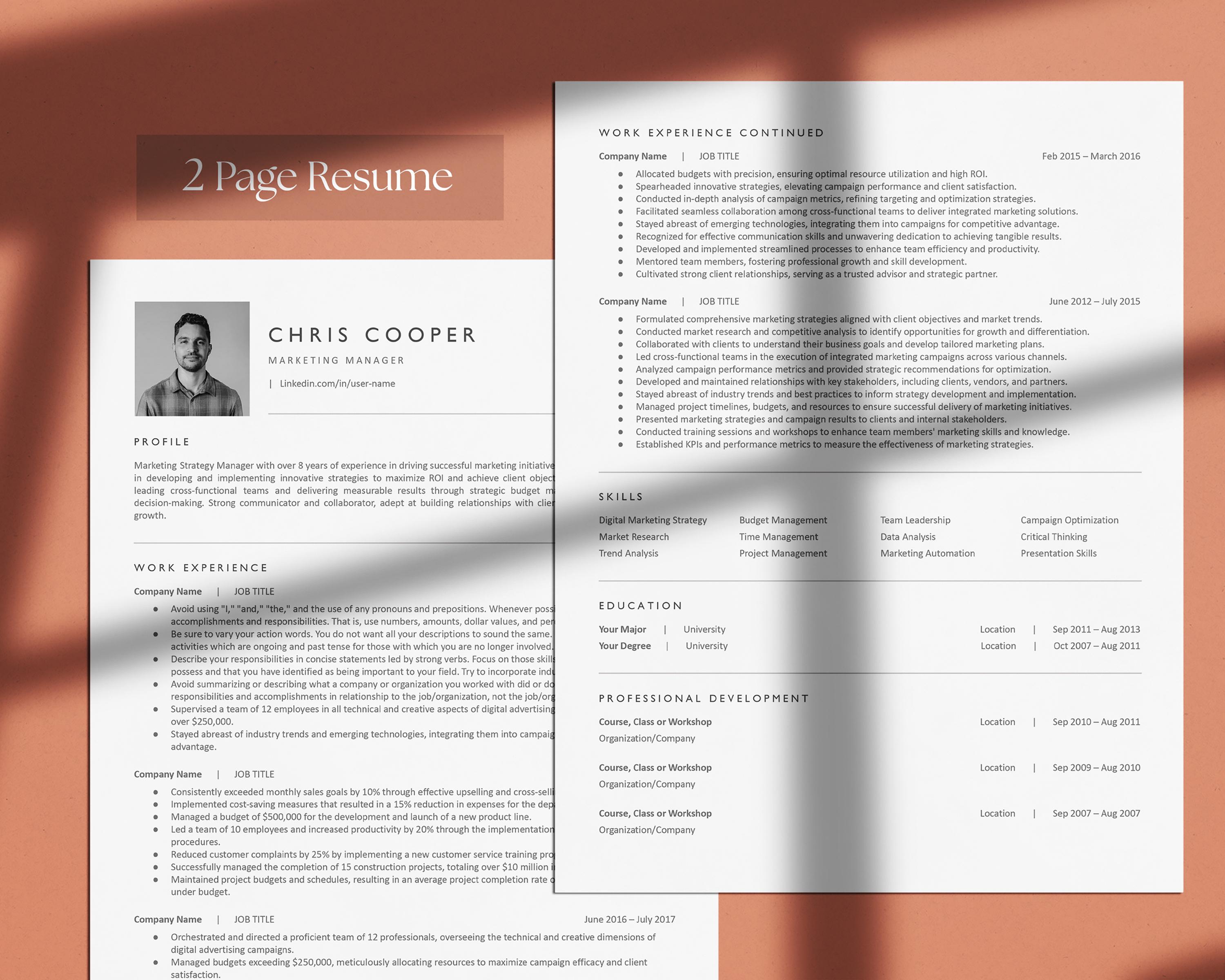 Single Column Resume Template for Microsoft Word and Google Docs, Cover ...
