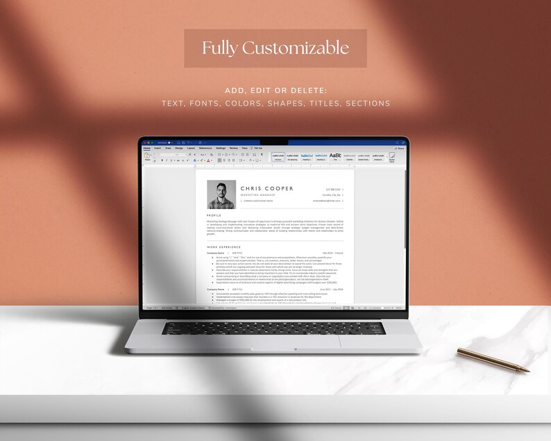 Single Column Resume Template for Microsoft Word and Google Docs, Cover ...