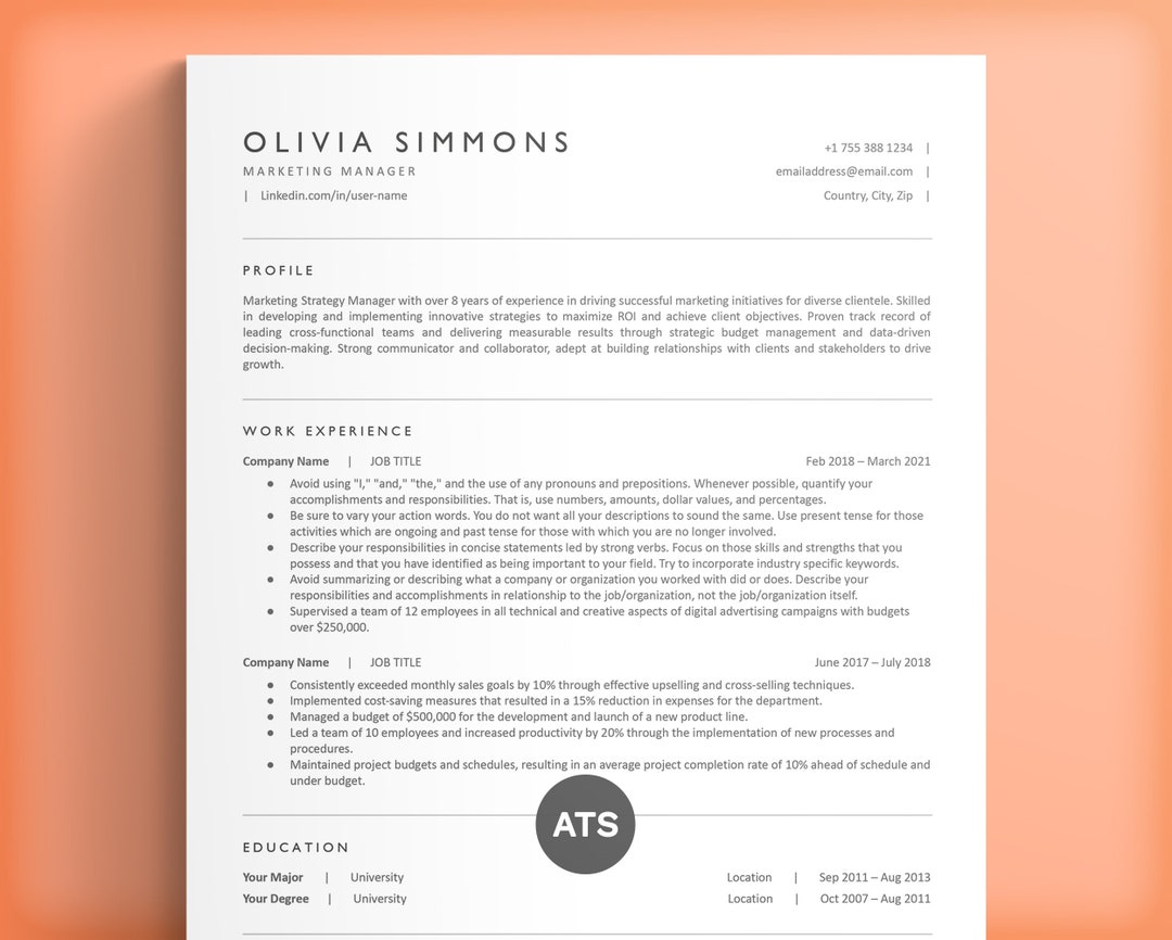 ATS Friendly Resume Template for Microsoft Word and Google Docs, Cover ...