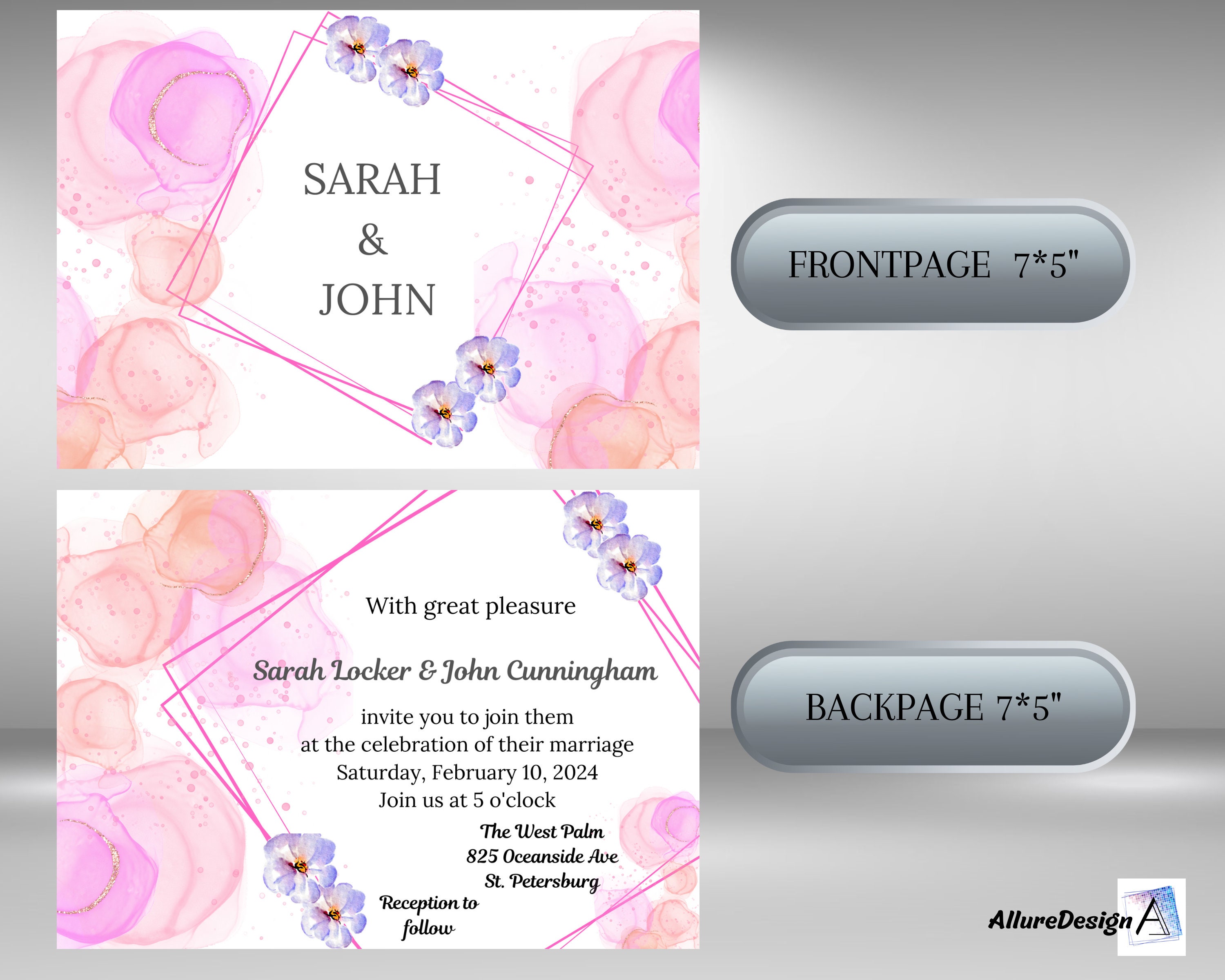 Editable Two Sided Wedding Invitation Blue Violet Watercolor - Etsy