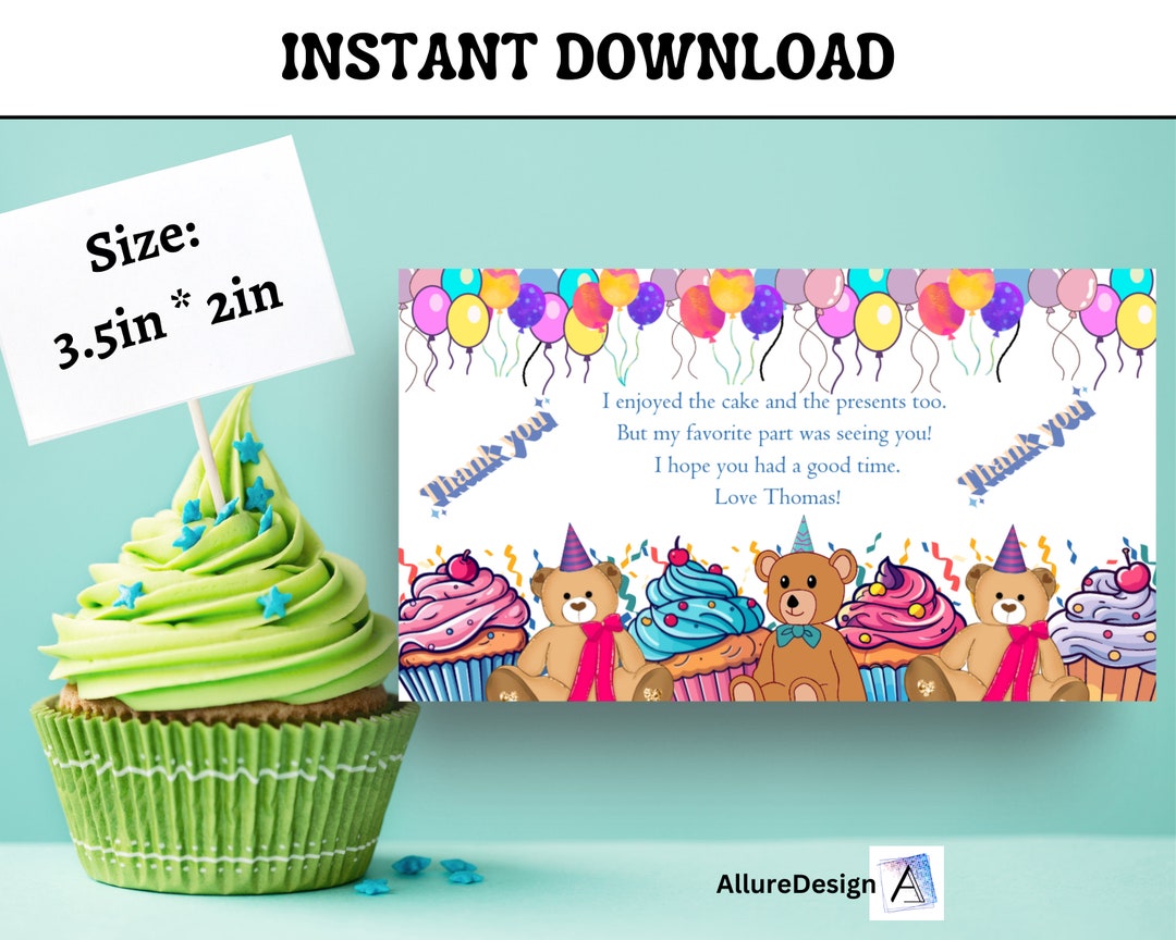EDITABLE Birthday Thank You Card, Instant Download, Teddy Bear ...