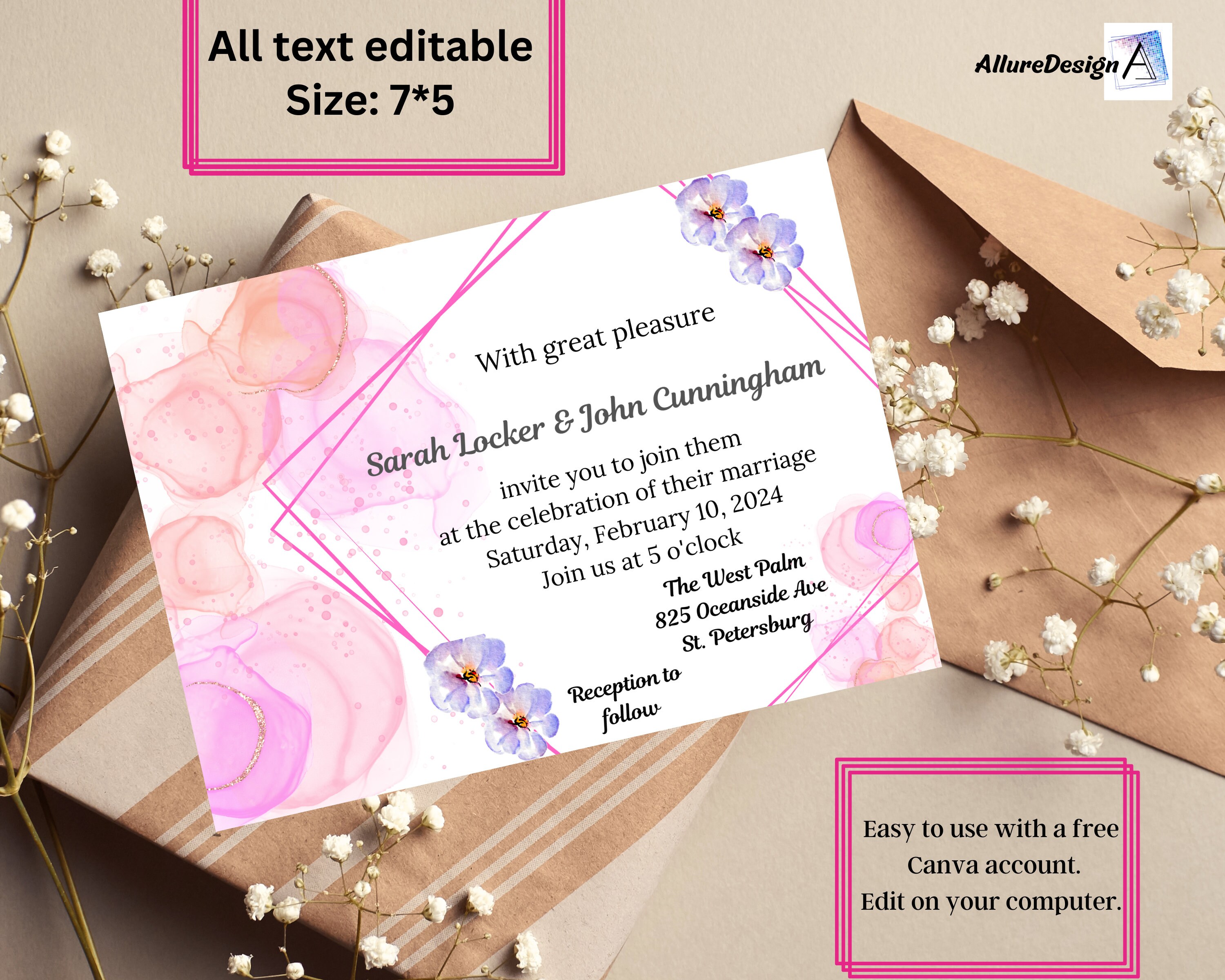 Editable Two Sided Wedding Invitation Blue Violet Watercolor - Etsy