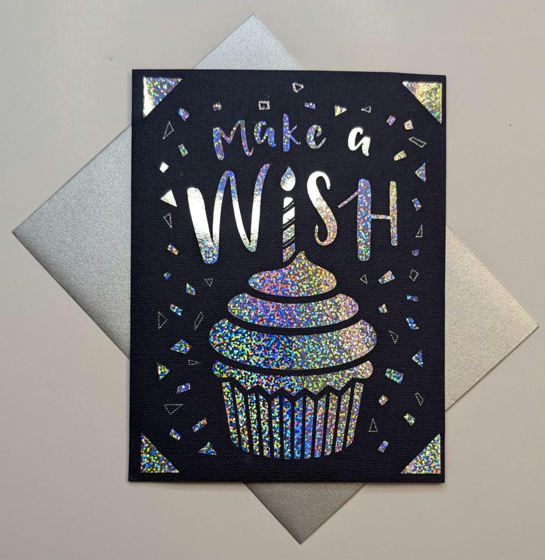 Birthday Card Make a Wish-cupcake & Confetti Design, Holographic ...