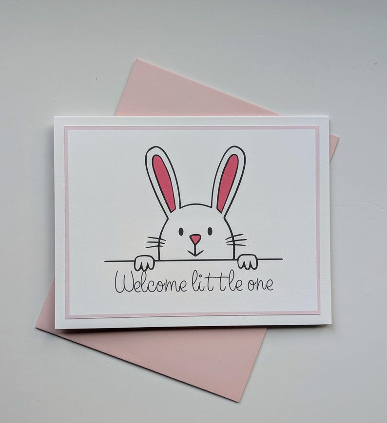 Handmade Baby Card: Pink Bunny Design - Welcome Little One - Etsy