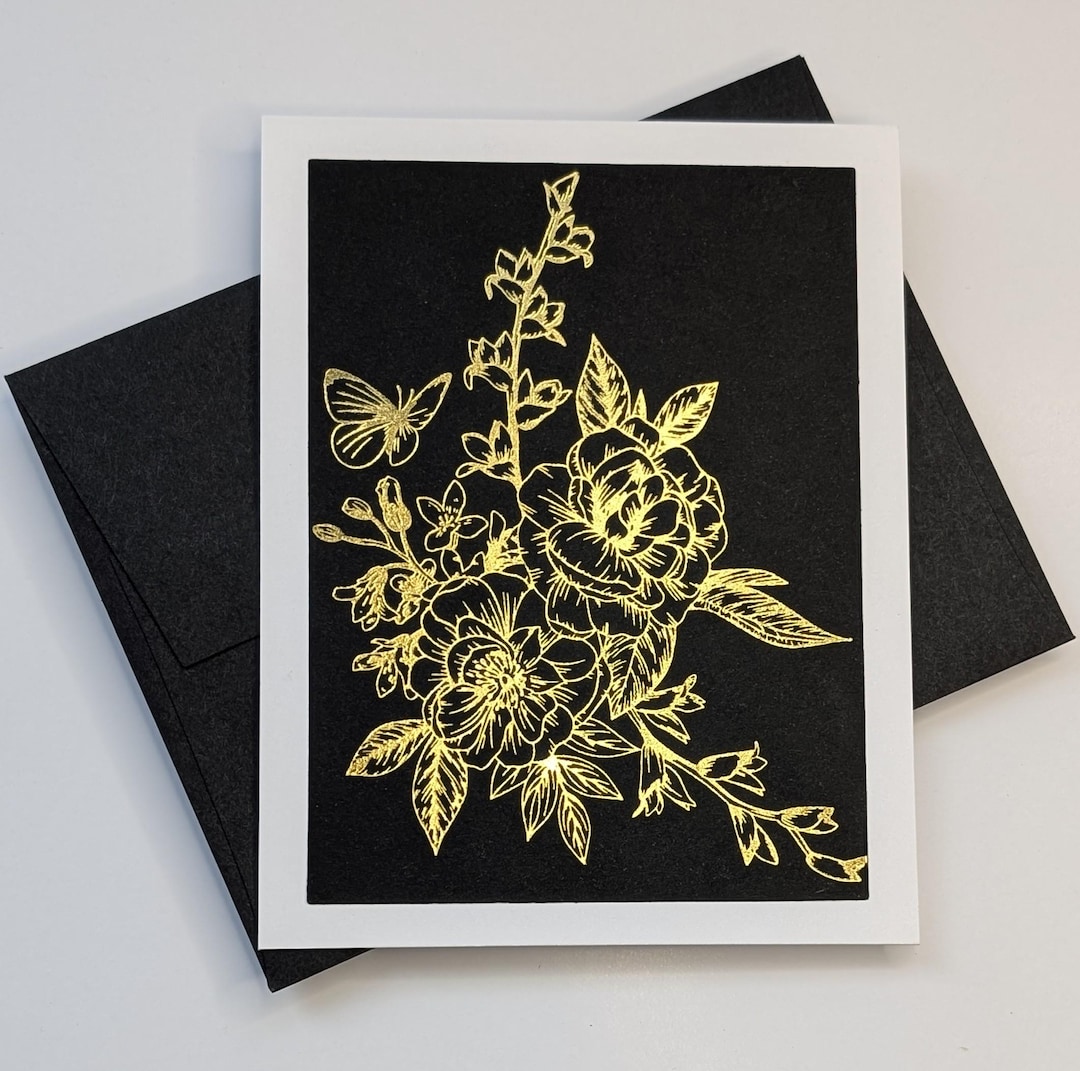 Gold Foil Floral Card – Personalized Sentiment Available – Black & Gold ...