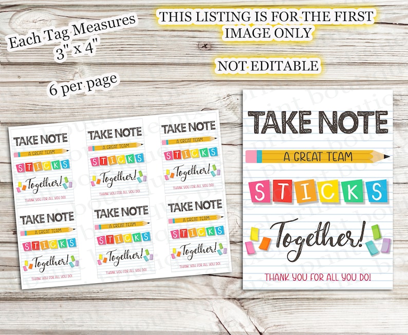 INSTANT DOWNLOAD Take Note Great Team Sticks Together Thank You for All ...