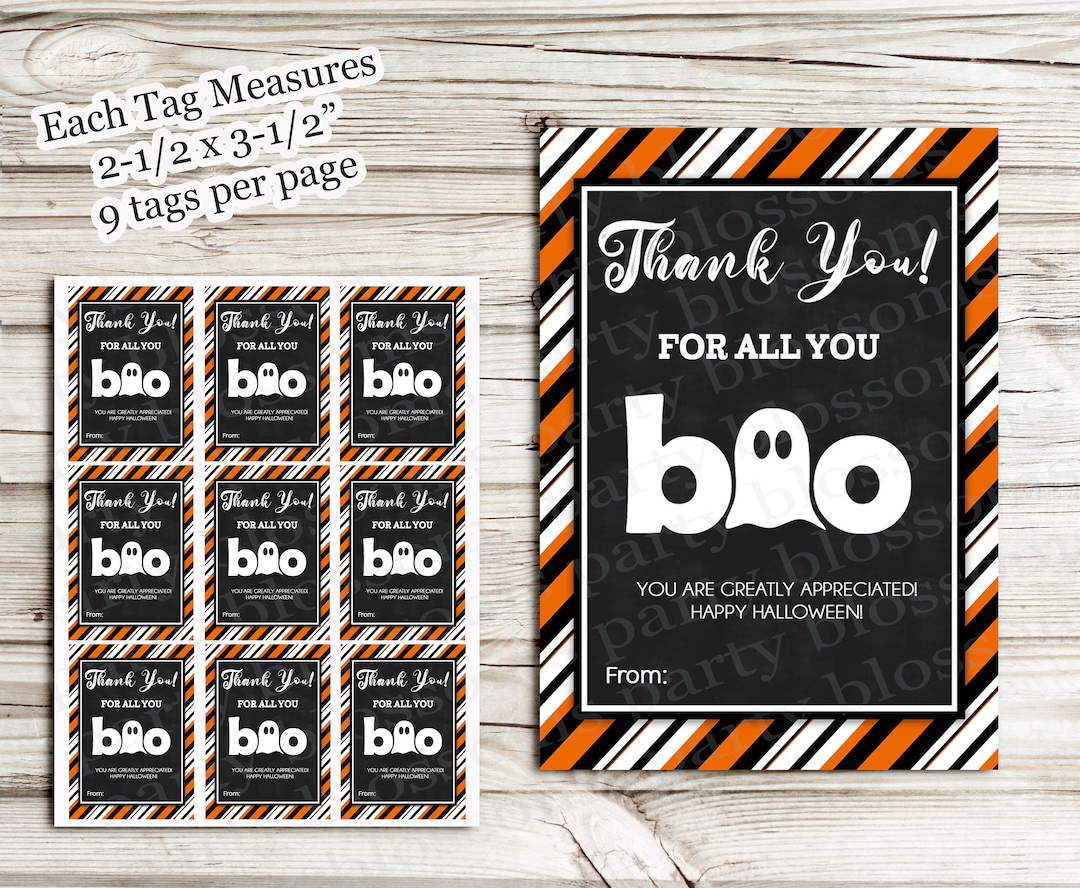 INSTANT DOWNLOAD Printable Halloween Thank You for All You Boo Do Tag ...