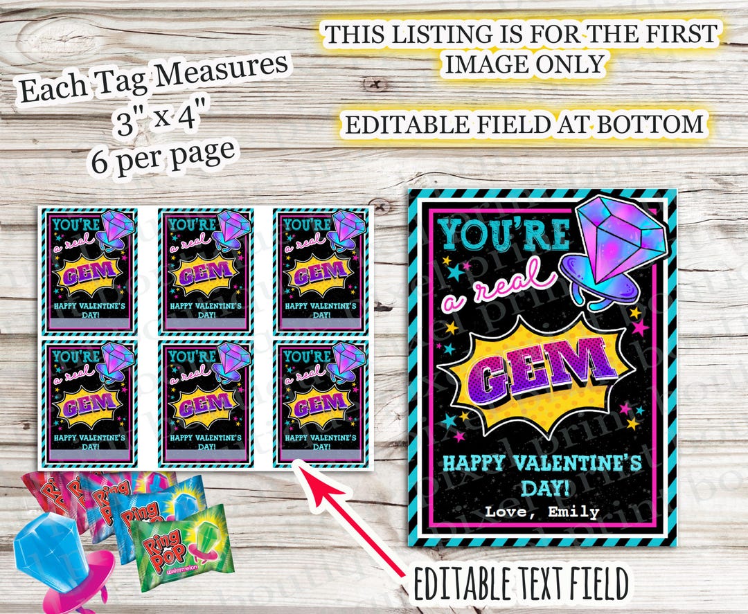 INSTANT DOWNLOAD You're A Real Gem Friend Valentine Lollipop Candy Ring ...