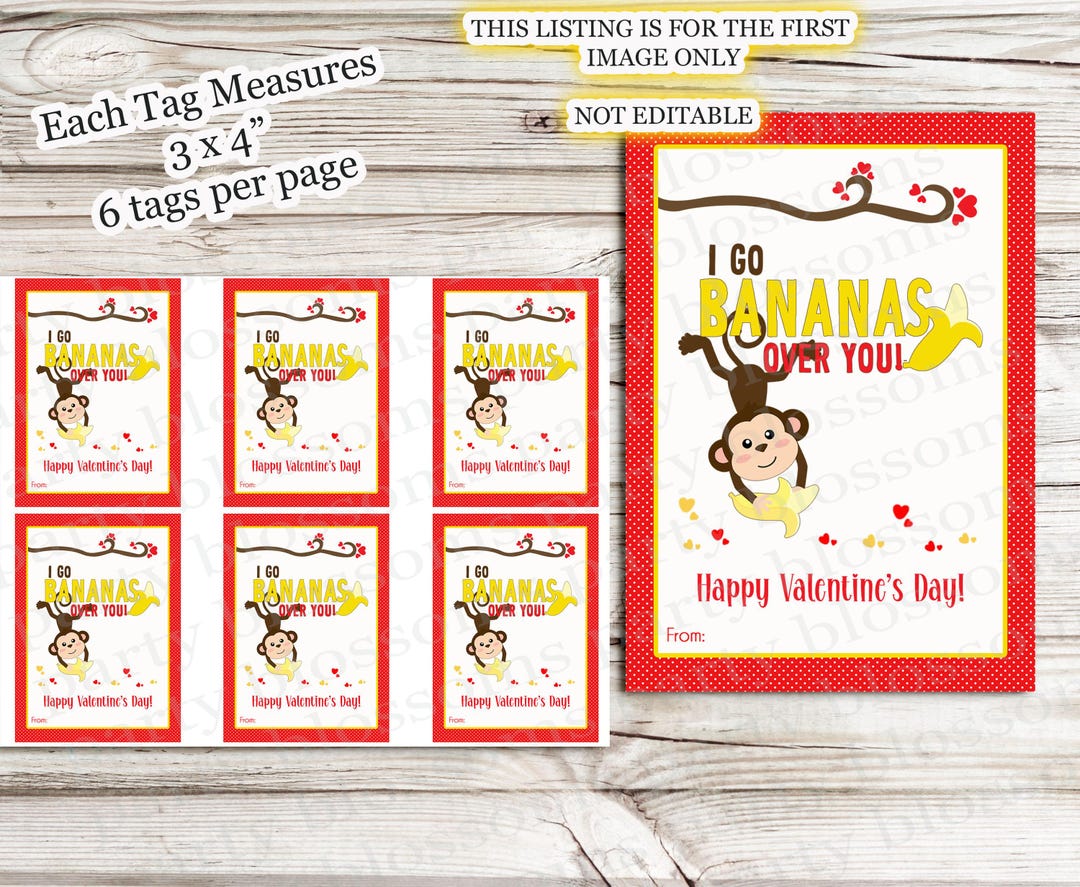 INSTANT DOWNLOAD Kids Valentine, I Go Bananas Over You Monkey Valentine ...